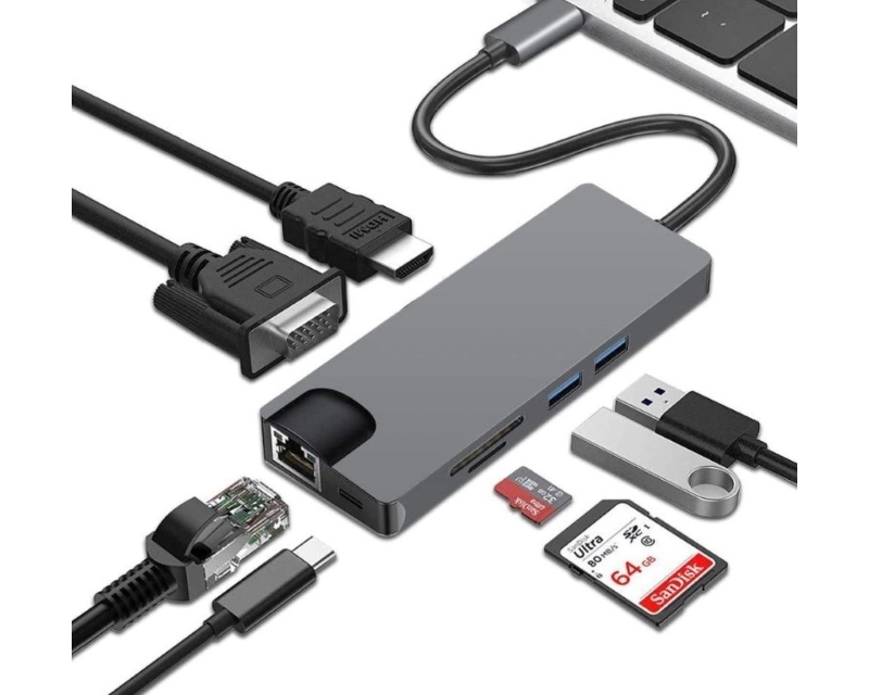 E-GREEN Adapter USB 3.1 Tip C (M) - HDMI+VGA+2X 3.0 USB + tip C + SD (F) + RJ45ID EK000578241