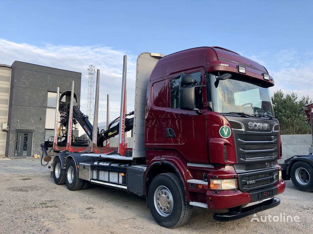 Scania R500 KM 6x4 z dźwigiem LOGLIFT do drewna resor manual nowe opony kamion za prevoz drva + šumarska prikolica
