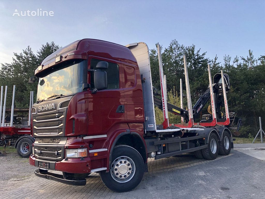 Scania R500 KM 6x4 z dźwigiem LOGLIFT do drewna resor manual nowe opony kamion za prevoz drva + šumarska prikolica