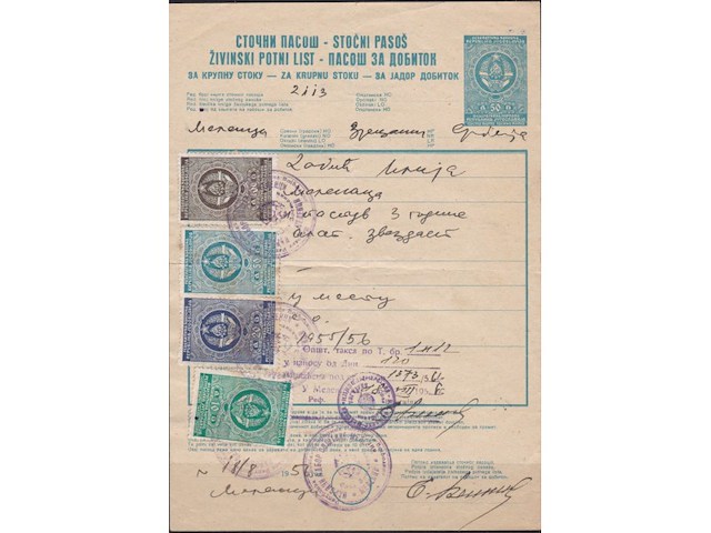 YU 1956 Stočni pasoš sa 5 taksenih maraka