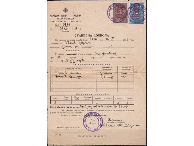 YU 1946 Stambena dozvola sa taksenim markama