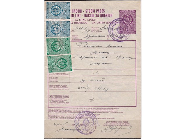 YU 1958 Stočni pasoš sa 8 tak.marak.pečat opš. Melenci