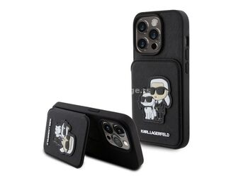 LICENSED KARL LAGERFELD Maska za iPhone 15 Pro SAFFIANO CARDSLOTS AND STAND K&amp;C PATCH/ crna