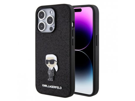 KARL LAGERFELD MASKA ZA IPHONE 15 PRO IKONIK FIXED GLITTER IKONIK LOGO METAL PIN BLACK