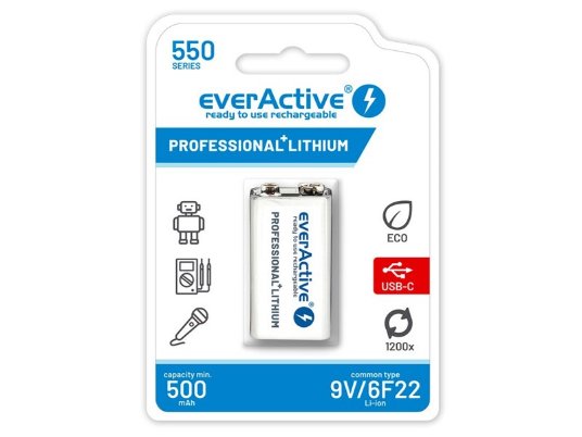 EverActive baterija Li-ion 6F22/9V, 550 mAh + type C