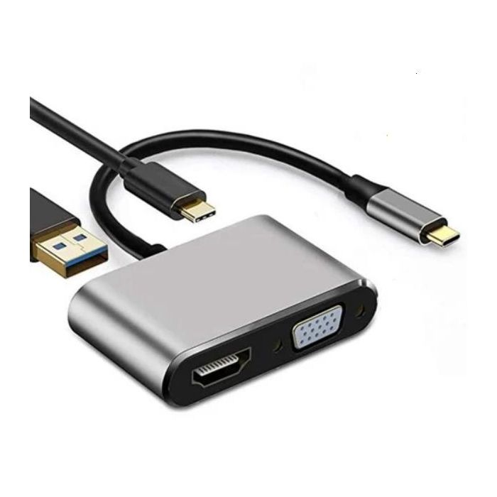 LINKOM Adapter-konvertor TIP C na HDMI 4K + VGA + TIP C + USB 3.0 sivi
