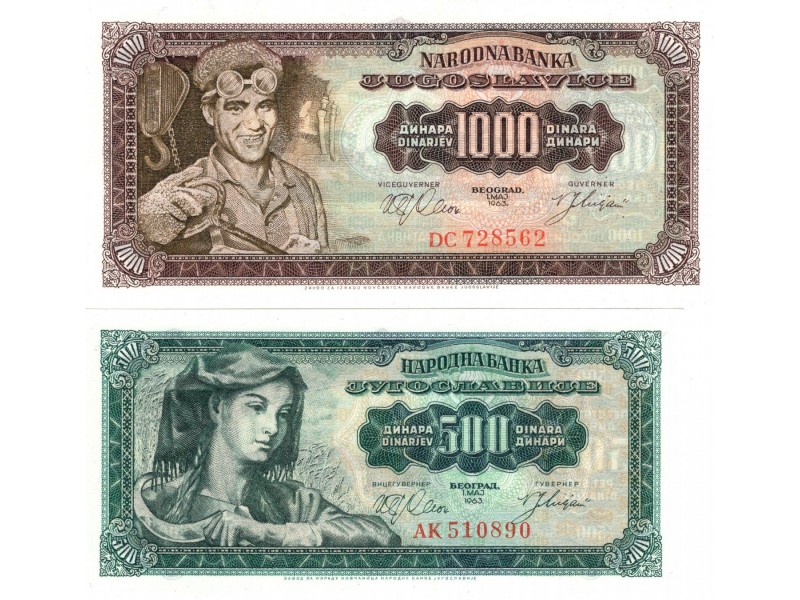 Jugoslavija 500 i 1000 Dinara 1963 UNC 100% , P-74 i P-