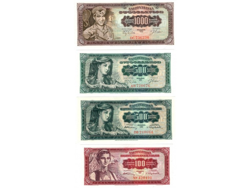 Jugoslavija 100, 500, 500 i 1000 dinara 1955/1963 UNC