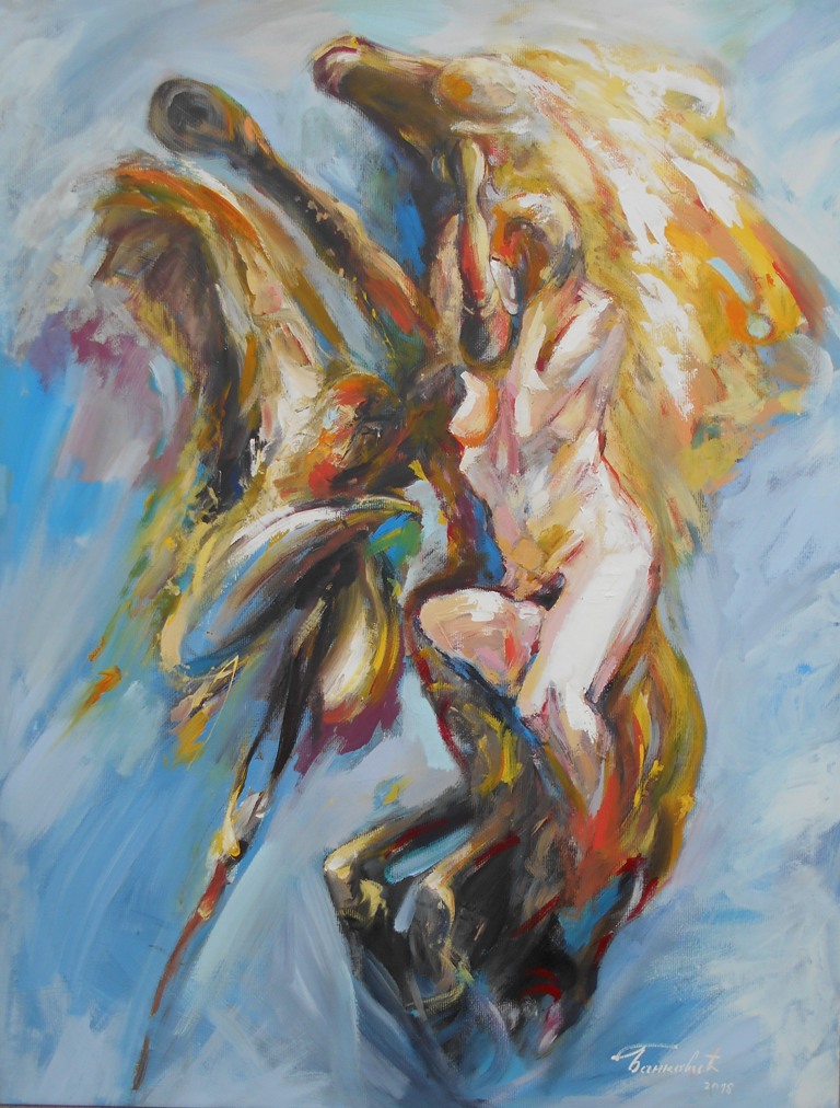 Apstraktni konj i devojka 1, ulje na gumiranom platnu, 140×106 cm, akademski Goran Bankovic, sertifikat, 224200 dinara