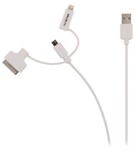 Nedis VLMP39410W1.00 3 u 1 sync and charge cable USB-A male - micro B male 1.00 m white + 30-Pin doc