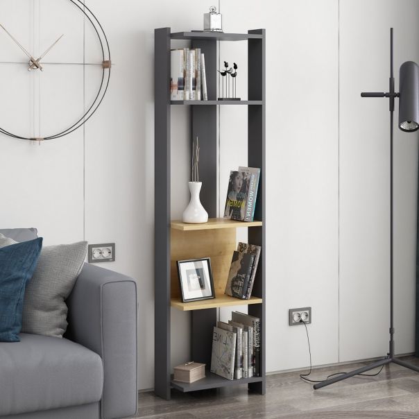 HANAH HOME Polica za knjige Abis Narrow Anthracite Oak