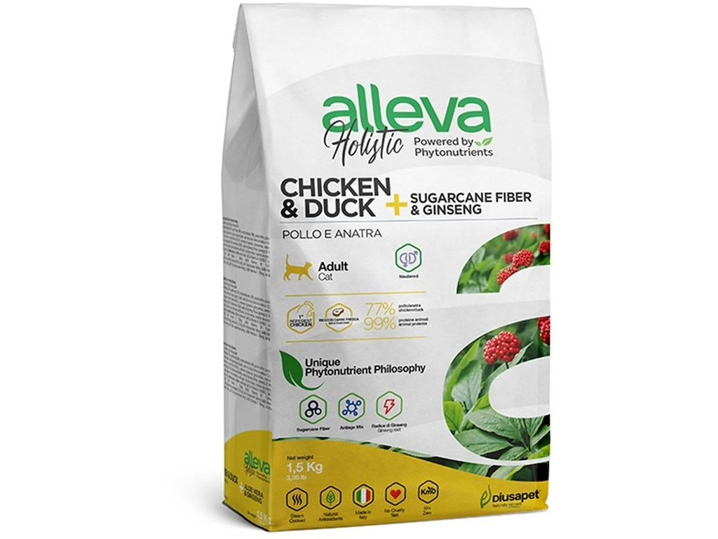 Alleva Holistic Hrana za odrasle mačke Piletina & patka + Sugarcane Fiber & Ginseng Neutered 10kg