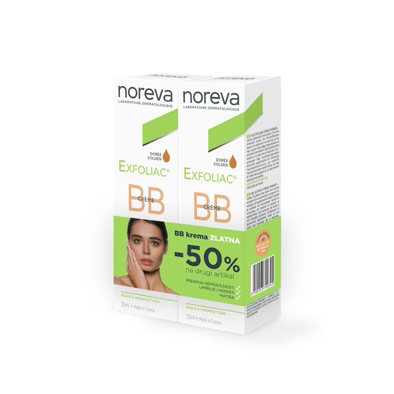 noreva EXFOLIAC® BB Krema Zlatna PROMO -50% na Drugu Kremu 2x30 mL; Akne; Bubuljice; Masna Koža