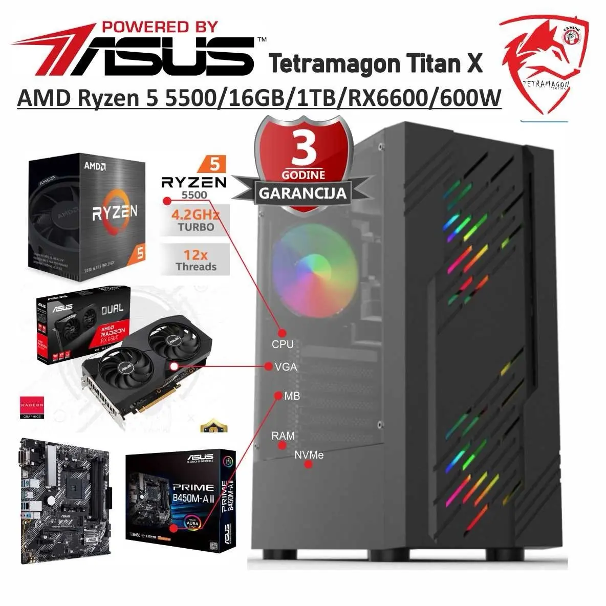 TETRAMAGON Gaming desktop računar Titan X AMD POWERED BY ASUS Ryzen 5 5500/16GB/SSD 1TB/RX 6600 8GB/600W