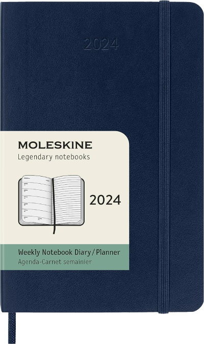 Moleskine - Weekly Planner 2024, 12 Months, Pocket Size, Sapphire Blue, Soft Cover