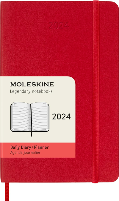 Moleskine - Daily Planner 2024, 12 Months, Pocket Size, Scarlet Red, Soft Cover