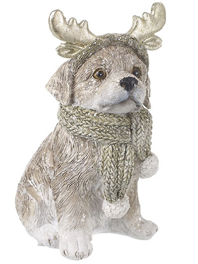 NG Dekoracija - Sitting Dog In Antlers & Scarf