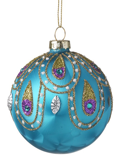 NG ukras - Glass bauble feather, dot detail, blue