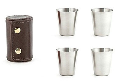 Kikkerland - Shot Glasses with Leather Case, Brown