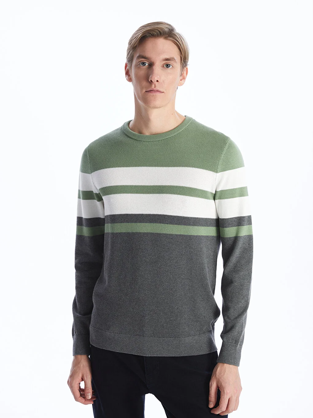 LCWAIKIKI Classic Muški trikotažni džemper okruglog izreza na pruge dugih rukava