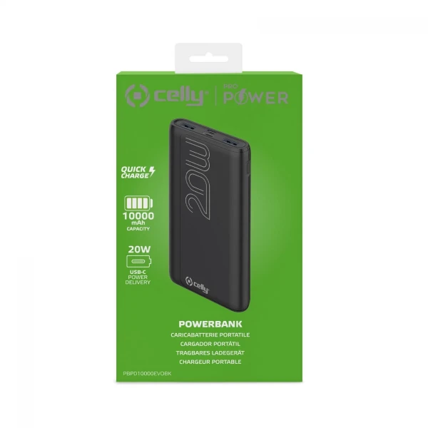 Celly power bank 10000 mAh 20W + kabl Type-A na Type-C crna