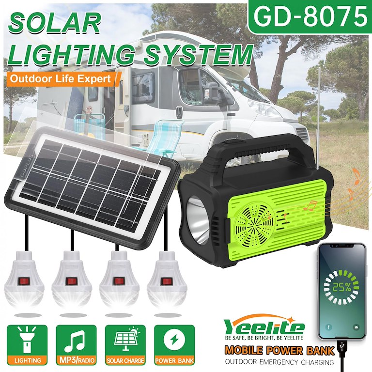 Solarni sistem sa akomulatorom + 4 sijalice + USB + BT Radio - Solarni sistem sa akomulatorom + 4 sijalice + USB + BT Radio