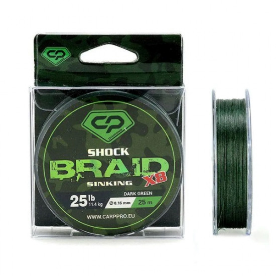 CARP PRO ŠOK LEADER UPREDENI X8 25M 0,16MM DARK GREEN