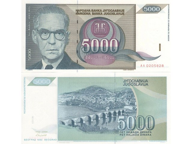 Jugoslavija 5000 Dinara 1992 UNC, ST-142/P-115 AA serij