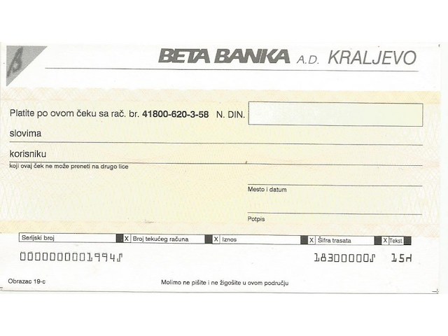 BETA BANKA AD Kraljevo cek