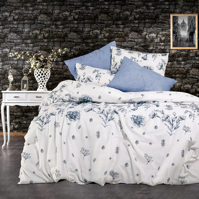 Mille Notti Celestial Rose Pamučna posteljina za bračni ležaj, 200x220 cm, Belo-plava