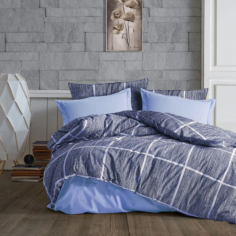 Mille Notti Blue Square Pamučna posteljina za bračni ležaj, 200x220 cm, Plava