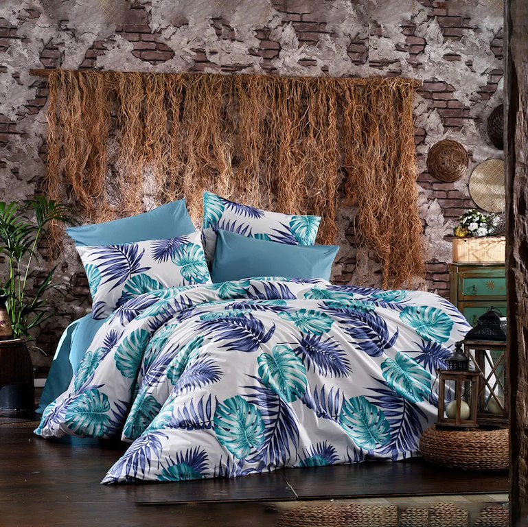 Mille Notti TropicoVerde Blu Pamučna posteljina za bračni ležaj, 200x220 cm, Plava