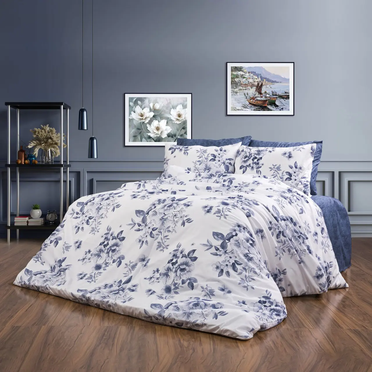 Mille Notti Blossom Sky Pamučna posteljina za bračni ležaj, 200x220 cm, Tamnoplavo-belo