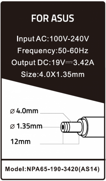 NPA65-190-3420 (AS14) ** Gembird punjac za laptop 65W-19V-3.42A, 4.0x1.35mm black