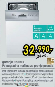 Mašina za pranje sudova Gorenje GI50110X, Gorenje