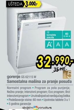 Mašina za pranje sudova Gorenje GS62115W, Gorenje