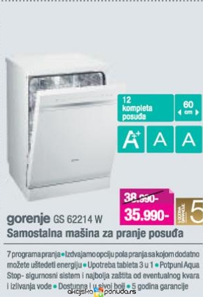 Mašina za pranje sudova Gorenje GS62214W, Gorenje