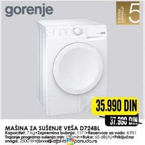 Mašina za sušenje veša Gornje D724BL, kapacitet 7kg, yapremina bubnja 117l, Gorenje