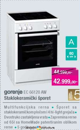 Staklokeramički šporet Gorenje EC66120AW, Gorenje