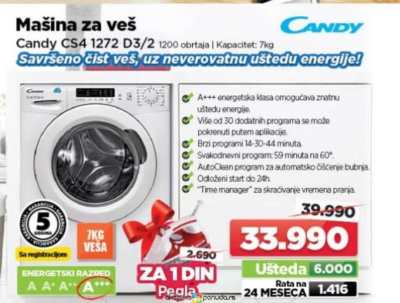 Mašina za pranje veša Candy, CS4 1272 D3/2, Candy