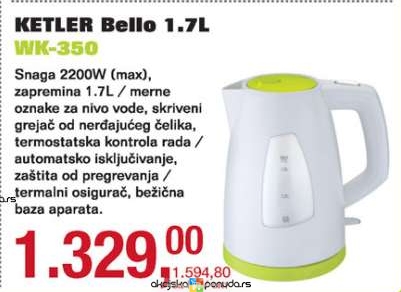 Kuvalo za vodu Bello 1,7l WK350 Bauer ketler, Bauer