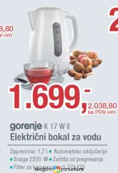 Električni bokal za vodu Gorenje K17WII, Gorenje