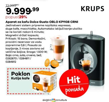 Aparat za kafu Krups Dolce Gusto OBLO KP1108 crni, Krups Dolce Gusto Picolo