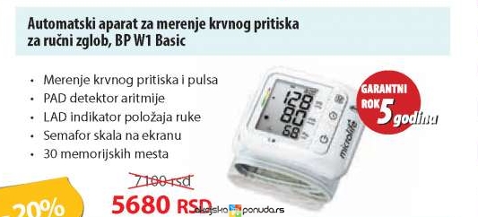 Aparat za merenje krvnog pritiska za ručni zglob MicrolifeBP W1 Basic, Microlife