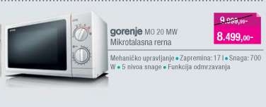 Mikrotalasna rerna Gorenje MO20MW, Gorenje