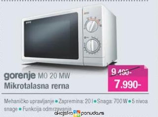 Mikrotalasna rerna Gorenje MO20MW, Gorenje