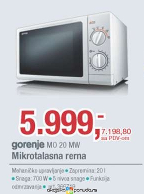 Mikrotalasna rerna Gorenje MO20MW, Gorenje