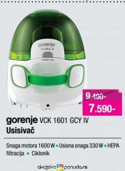 Usisivač sa HEPA filtracijom Gorenje, VCK1601 GCY IV, Gorenje