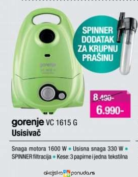 Usisivač sa SPINNER filtracijom Gorenje, VC1615G, Gorenje