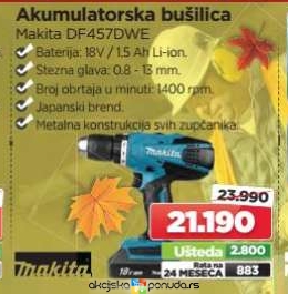 Akumulatorska bušilica-šrafilica Makita DF457DWE, Makita